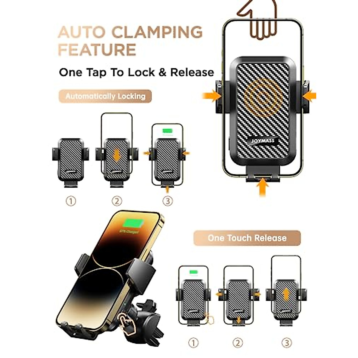Wireless Car Charger, JOYMASS 15W Fast Charging Auto Clamping Car Charger Cell Phone Holder Mount Vent for iPhone 15 14 13 12 Mini Pro Max 11 XR XS X, Samsung Galaxy S23 Ultra S22 S21+ Note 20, etc