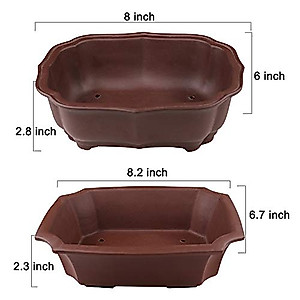 MUZHI 2 Pack 8" Unglazed Ceramic Bonsai Tree Pot Training Planter with Drainage Wiring Hole, Breathable Handmade Zisha Pottery Growing Plant Pot with Mesh Drip Tray Indoor Outdoor