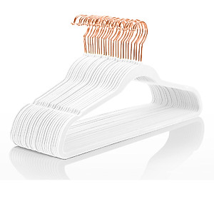 MIZGI Premium Velvet Hangers (50 Pack) Heavy Duty - Non Slip Felt Hangers - White - Rose Gold Swivel Hooks,Space Saving Clothes Hangers,Durable Strong Hangers for Suits,Coats,Dress
