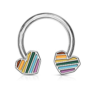 Pierced Owl 16GA 316L Stainless Steel Rainbow Heart Ends Septum Cartilage Horseshoe Barbell (Silver Tone)