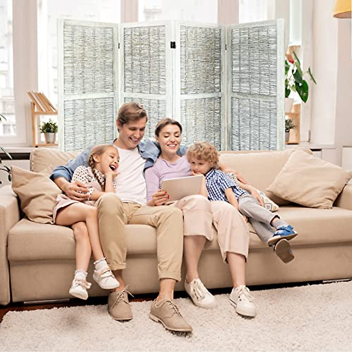 Babion 4 Panel Room Divider, Grass Willow Hand-Woven Screen, Room Dividers and Folding Privacy Screens, Modern Wall Dividers Room Bedroom Decoration, Dividers for Home Office -Grey