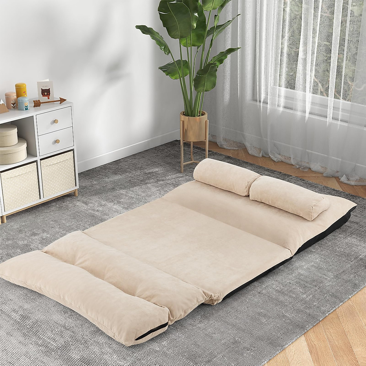 SPORFIT BETTARY Floor Sofa Bed, Convertible Lazy Sofa Bed with Adjustable Backrest and Headrest, Folding Mattress Bean Bag Chair, Guest Chaise Lounge for Bedroom, Living Room (Beige)