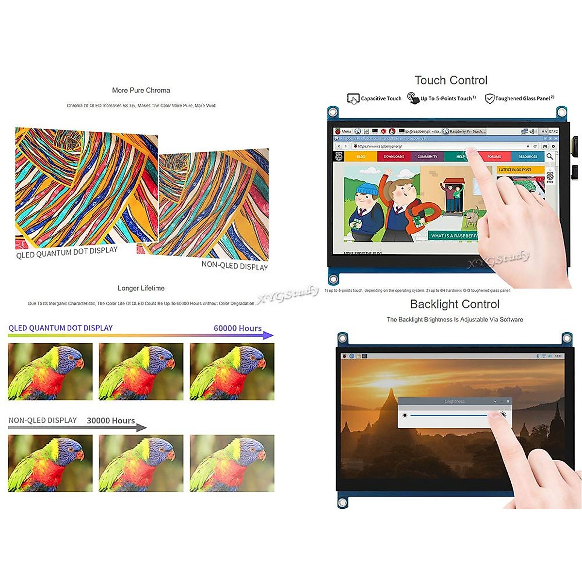 XYGStudy for Raspberry Pi Jetson Nano 7inch QLED Quantum Dot Display Capacitive Touch Screen 1024×600 LCD, G+G Toughened Glass Panel Supports Various Devices & Systems