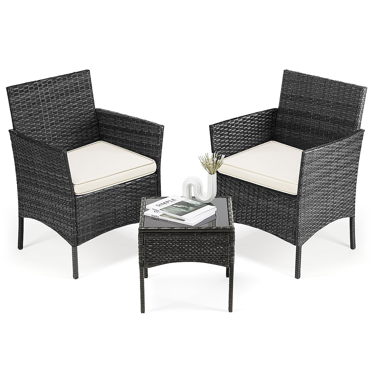 Sweetcripy Patio Furniture Set 3 Pieces, Outdoor Furniture with Soft Cushion and Glass Table, All Weather Manual Weaving Wicker Rattan Patio Chairs for Garden, Terrace, Porch(Black and Beige)