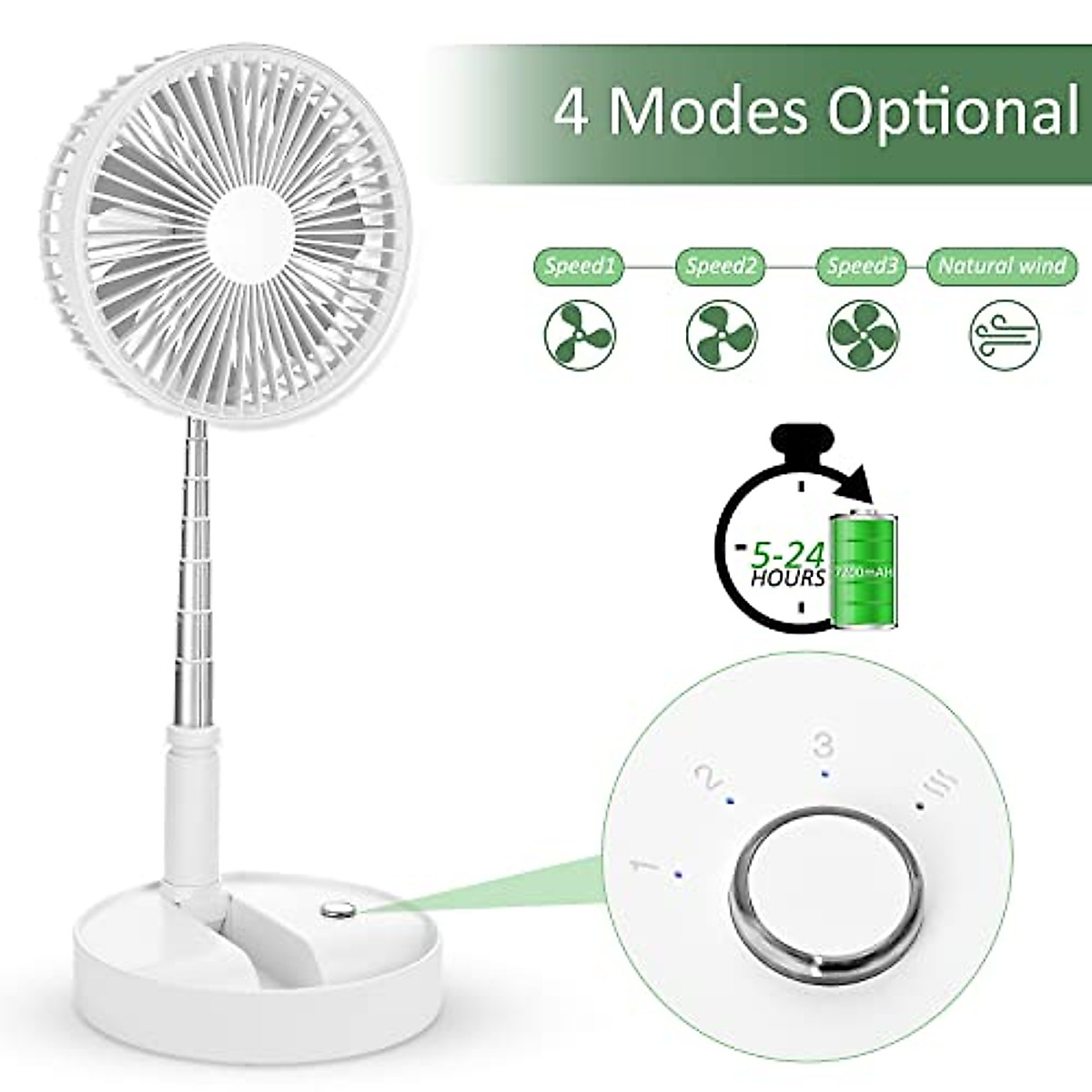 LIPETY Portable Standing Fan with Remote Controller, 7.5" Foldable Desk Fan, 7200mah & USB Quiet Fan, Mini Floor Fan, Telescopic Pedestal Fans for Personal Bedroom Office Fishing Camping (White)