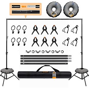 Backdrop Stand, Photo Video Studio 6.5 x10ft Adjustable Support Portable Backdrop Stand Heavy Duty for Photoshoot, Parties, Projector Screen with 2 Water Bag, 6 Backdrop Clips,6 Curtain Ring Clip