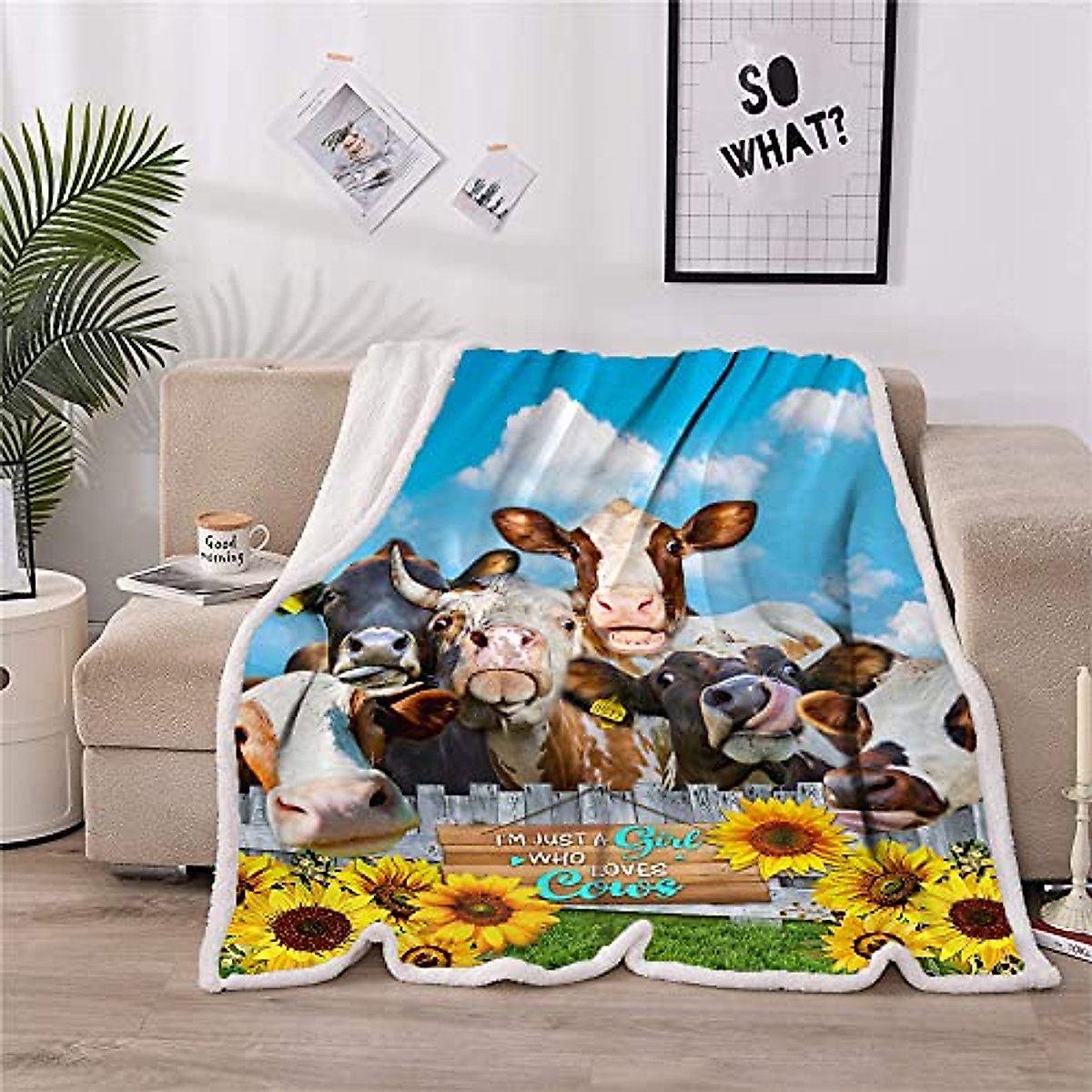 Funny Cow Print Blanket Cute Cow Sunflower Decor Bedding Throw Blanket Gifts for Girl Women Christmas Birthday Valentine's Day Soft Cute Farm Animal Cow Blanket Gifts (COW6,50"x 60")