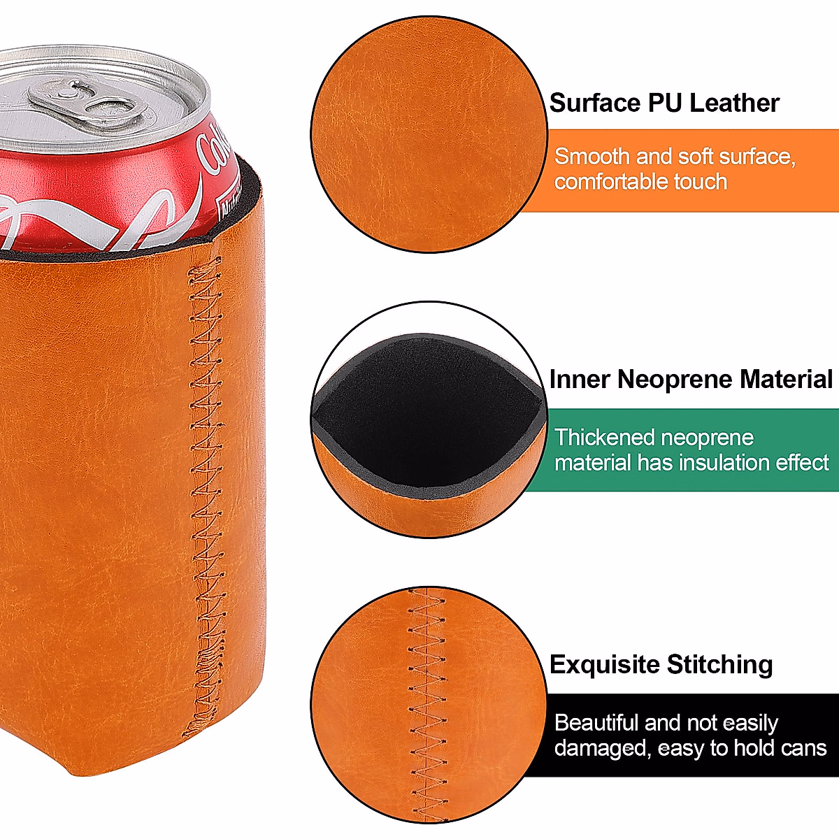 SIDESUGAR PU Leather 12oz Can Cooler Sleeve Soda Pop Cans Coolers Sleeves Beverage Insulator Holder Beer Bottles Coolers 12 OZ Standard Beer Can Sleeves Holders 4 Pack - Black/Orange/Red/Blue