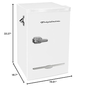 Frigidaire Retro Compact Fridge with Chiller, 3.2 cu ft Countertop Fridge with Built-In Bottle Opener, Compact Refrigerator for Office, Bedroom, Dorm Room or Cabin - 16.5" D x 19" W x 31" H (White)