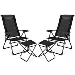 Tangkula Folding Patio Chairs, Set of 2 Outdoor Dining Chairs & Ottomans, Lawn Chairs with 7-Level Adjustable Backrest, Armrests, Mesh Pocket, Portable Lounge Chairs & Footrests for Backyard, Camping