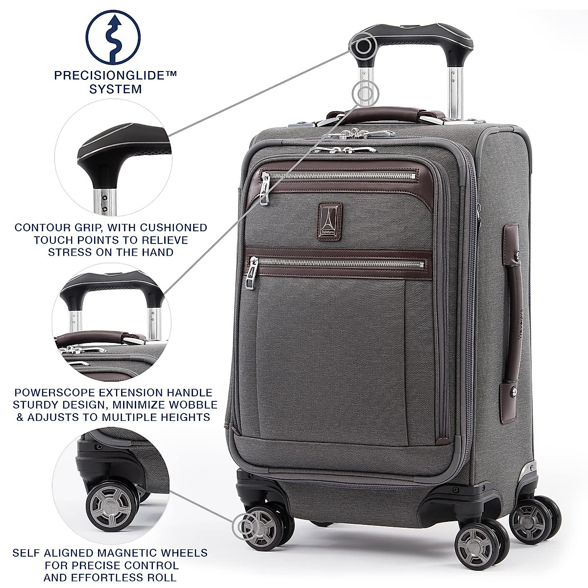 Travelpro Platinum Elite Softside Expandable Carry on Luggage, 8 Wheel Spinner Suitcase, USB Port, Laptop and Tablet Sleeves, Men and Women, Vintage Grey, Carry On 20-Inch