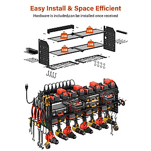 JUNNUJ Large Pegboard Power Tool Organizer with Charging Station, 8 Drills Driver and Tools Battery Holder Wall Mount with 8 Outlet Power Strip, Black 3-Layer Shop Garage Storage Utility Rack
