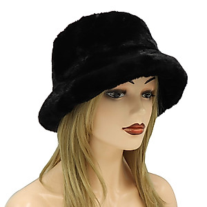 Umeepar Winter Faux Fur Bucket Hat Fluffy Warm Hat for Women Men (Black)