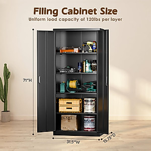 LOCENHU Metal Storage Cabinet with 2 Doors and 4 Adjustable Shelves - 71" Locking File Cabinet,Locking Tool Cabinet for Office,Home,Garage,Gym,School (Black),Requires Installation