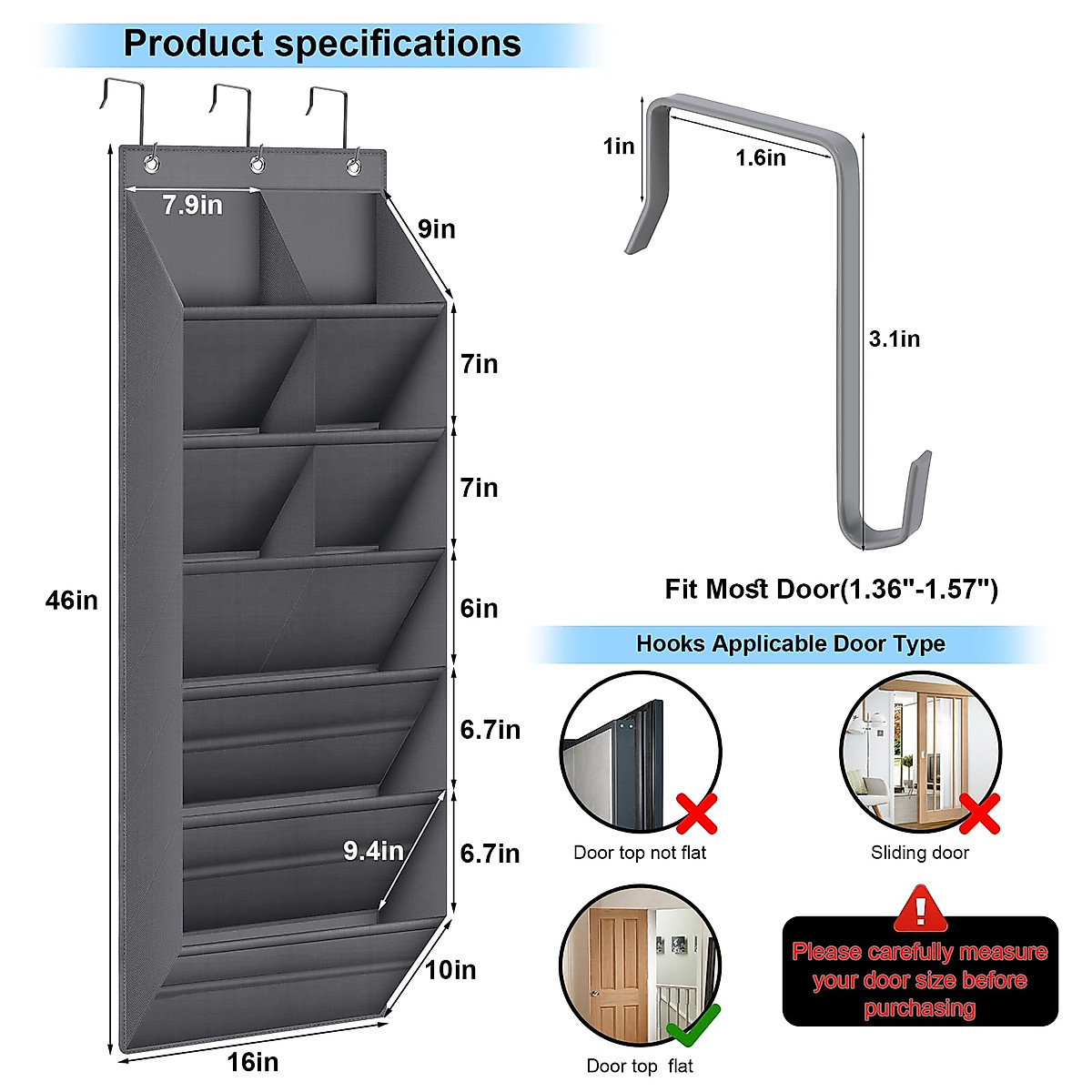 BZVlemon Hanging Shoe Organizer for Closet with 9 Deep Pockets, Over the Door Shoe Rack, Shoe Holder for Narrow Door Dorm RV Shoe Storage, Grey