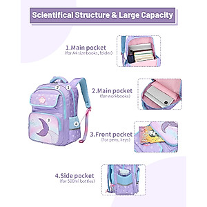 Tanou Kids Backpacks for Girls, 16'' Elementary School Backpack, Breathable Bookbags with Reflective Strip for Girl 6-12 Years, Mermaid