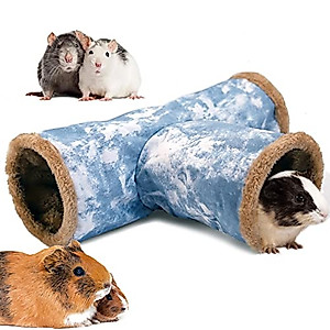LeerKing Guinea Pig Tunnel 3 Way, Small Animal Hideout Toy Washable Canvas Fleece Tube Play Tunnel for Rats Ferret Bunny Gerbil Sugar Glider Chinchilla , Blue