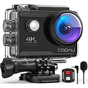 COOAU Action Camera HD 4K 20MP WiFi with External Microphone, Underwater Camera 40M with Remote Control, Waterproof Sport Camera 170° Wide Angle Time Lapse, 2x1200mAh Batteries/16 Accessories