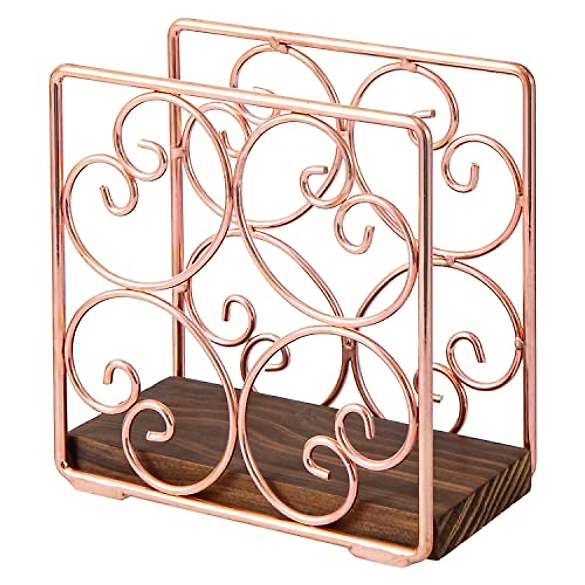 MyGift Copper Tone Metal Wire Napkin Holder with Rustic Burnt Wood Base - Upright Serviette Dispenser Rack with Vintage Style Scrollwork Design