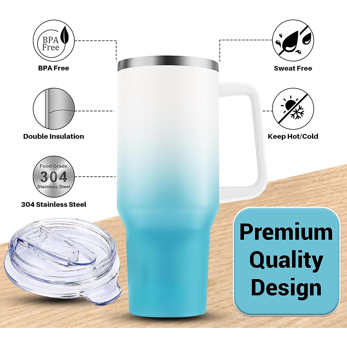 RAHATBEE 40 oz Tumbler with Handle and Straw Lid, 100% Leak-Proof Travel Coffee Mug, Reusable Stainless Steel Insulated Cup for Beverages, Keeps Cold for 34Hrs or Hot for 12Hrs (White-Blue)