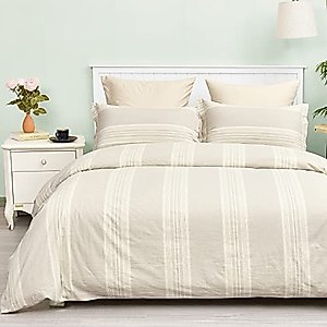 David's Home 100% Washed Cotton Duvet Cover Set Queen Size, Chambray Stripe Duvet Cover with Pillow Shams, 3pcs Ultra Soft and Breathable Comforter Cover Set, 90x 90 Inches, Khaki