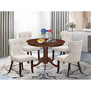 East West Furniture HLSI5-MAH-35 5 Piece Dining Room Furniture Set Includes a Round Dining Table with Pedestal and 4 Doeskin Linen Fabric Upholstered Parson Chairs, 42x42 Inch, Mahogany