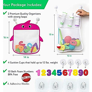 Bath Toy Storage Set of 2 + 10 Eco-Safe Foam Numbers | Bath Toy Organizer Mesh Net Shower Caddy for Baby Bath Toys for Toddlers | Quick Dry Bathroom Decor Bath Toy Holder