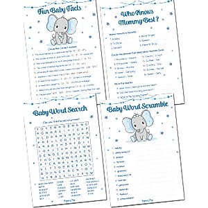 Papery Pop Baby Shower Games for Boy - Set of 4 Games for 30 Guests - Double Sided Cards - Baby Shower Supplies - Elephant