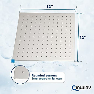 Cinwiny 12 Inch Shower Head Rainfall Brushed Nickel Luxury Square SUS304 Rain Showerhead High Pressure 1/16" Ultra-thin Adjustable Angles Waterfall Full Body Coverage with Silicone Nozzle