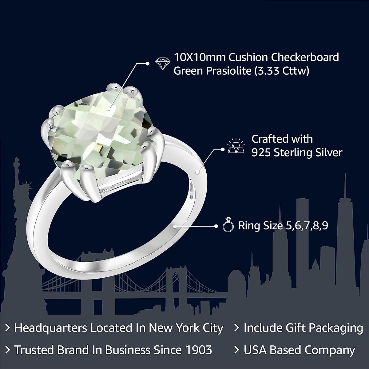 Gem Stone King 925 Sterling Silver Green Prasiolite Double Prong Ring For Women (3.33 Cttw, Cushion Checkerboard 10MM, Available In Size 5, 6, 7, 8, 9)