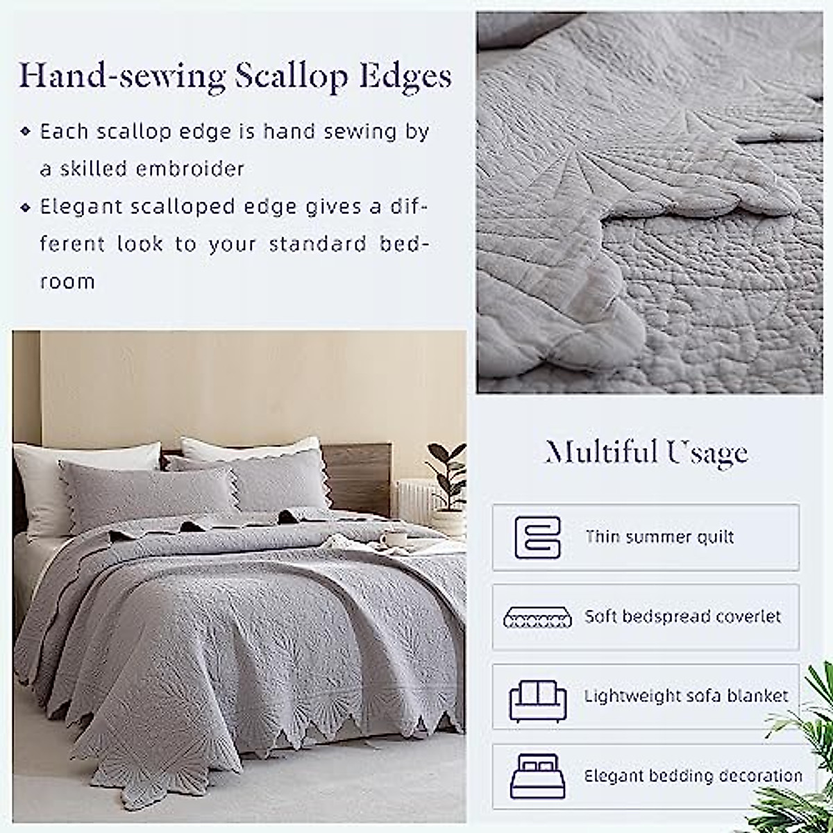 CozyTide Grey King Size Quilt Bedding Sets(110"x98"),Cotton Bedspreads Coverlet King Size 3pcs (1 Elegant Scalloped Edge Gray Quilt and 2 Pillow Shams) Farmhouse Cotton Quilts California King Summer