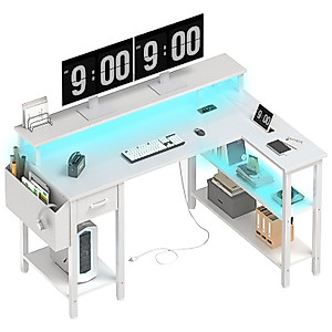 Lufeiya White L Shaped Gaming Desk with Fabric Drawers and Storage Shelves, 47 inch Home Office Desk with Monitor Stand, Computer Desk with LED Lights and Power Outlets, White