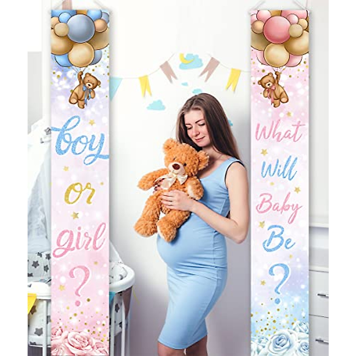Gender Reveal Decoration-Baby Bear Boy or Girl Porch Sign Banner,Pink Blue Bear Balloon Baby Shower Door Hanging Banner for Boy Girl Gender Reveal Supplies