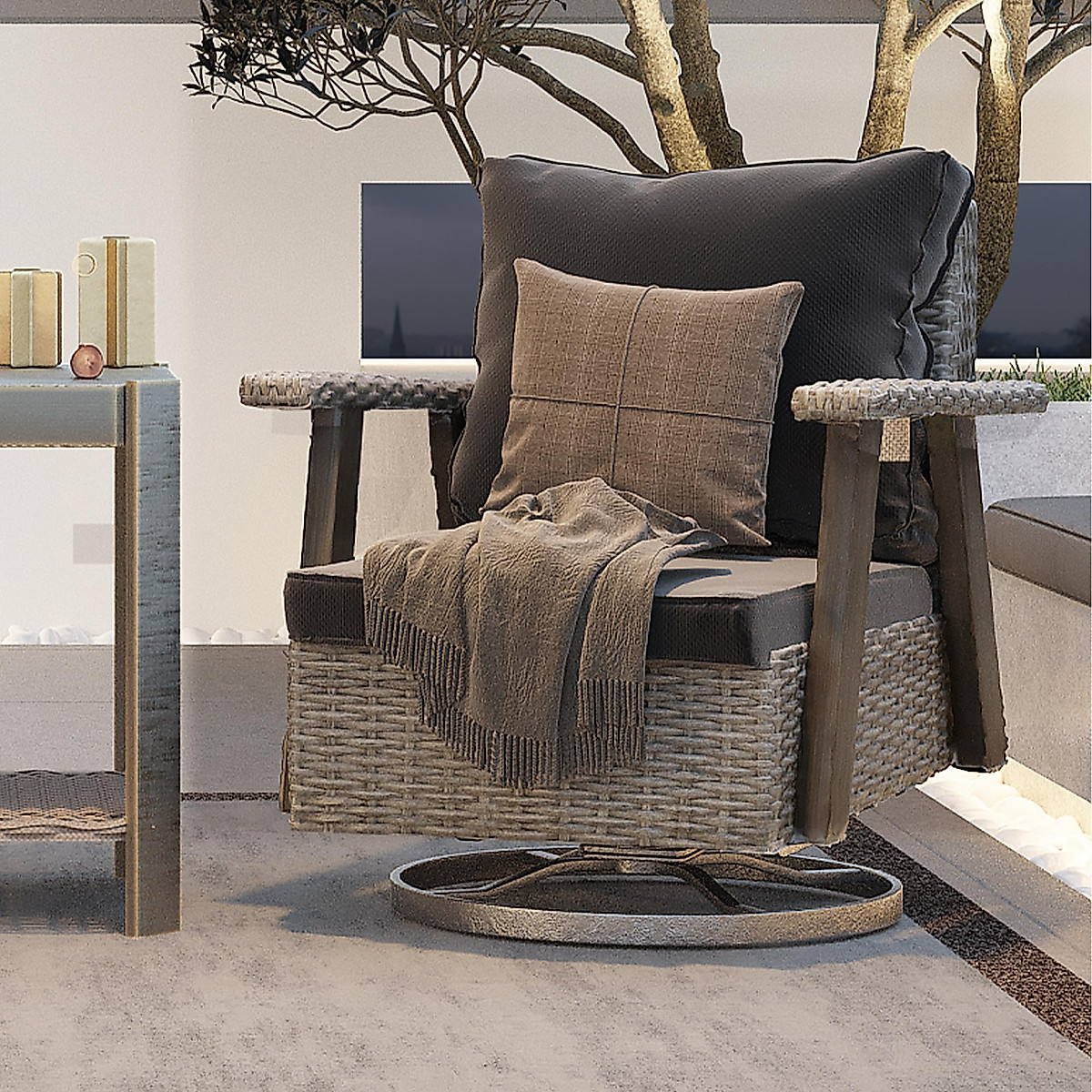 Gardenbee Patio Chair - Outdoor 360 Degree Swivel Rocker Chair with Durable Fabric Cushion and Ergonomic Structure, Upgraded Patio Wicker Chair, Black(Grey/Black)