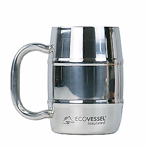 EcoVessel Double Barrel Mug Insulated Travel Coffee Cup with Lid & Wide Grip Handle Stainless Steel Beer Stein, Travel Whiskey Glass, Country Travel Mug or a Moscow Mule Tumbler Cup