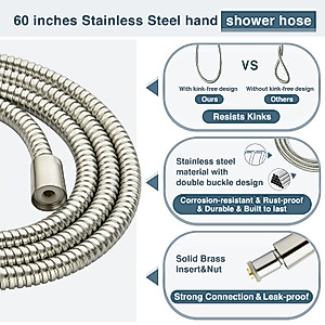 BRIGHT SHOWERS High Pressure Handheld Shower Head Set, High Flow Hand Held Showerhead with 60" Long Stainless Steel Hose and Adjustable Wall Bracket, 3 Spray Setting Shower Wand, Brushed Nickel