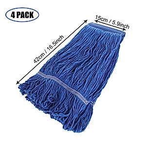 4Pcs Commercial String Mop Head, Loop-End Mop Head Replacement, Heavy Duty Mop Head Refills, 6 Inch Headband, Cotton Looped End Wet Cleaning Mop Refill for Home, Industrial and Commercial Use (Blue)