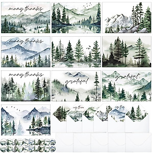 Yinder 36 Pcs Watercolor Forest Thank You Cards with Envelopes Stickers Bulk 4 x 6 Inch Watercolor Forest Mountain Greeting Note Card Employee Recognition Blank Gift Card for Holiday Birthday Wedding