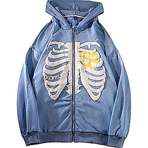 Lausiuoe Y2K Hoodie Full Zip Up Women Zip Up Hoodie Y2k Vintage Graphic Oversized Hooded Sweatshirt Jacket Grunge Fairycore Coats Harajuku Streetwear Blue