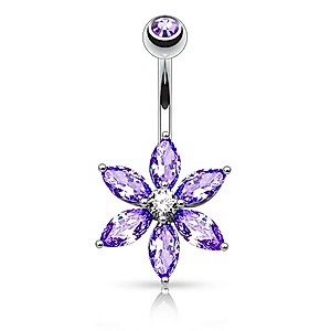 Marquise Cut CZ Flower Petal Surgical Steel Navel Belly Button Ring 14g 3/8" - Purple