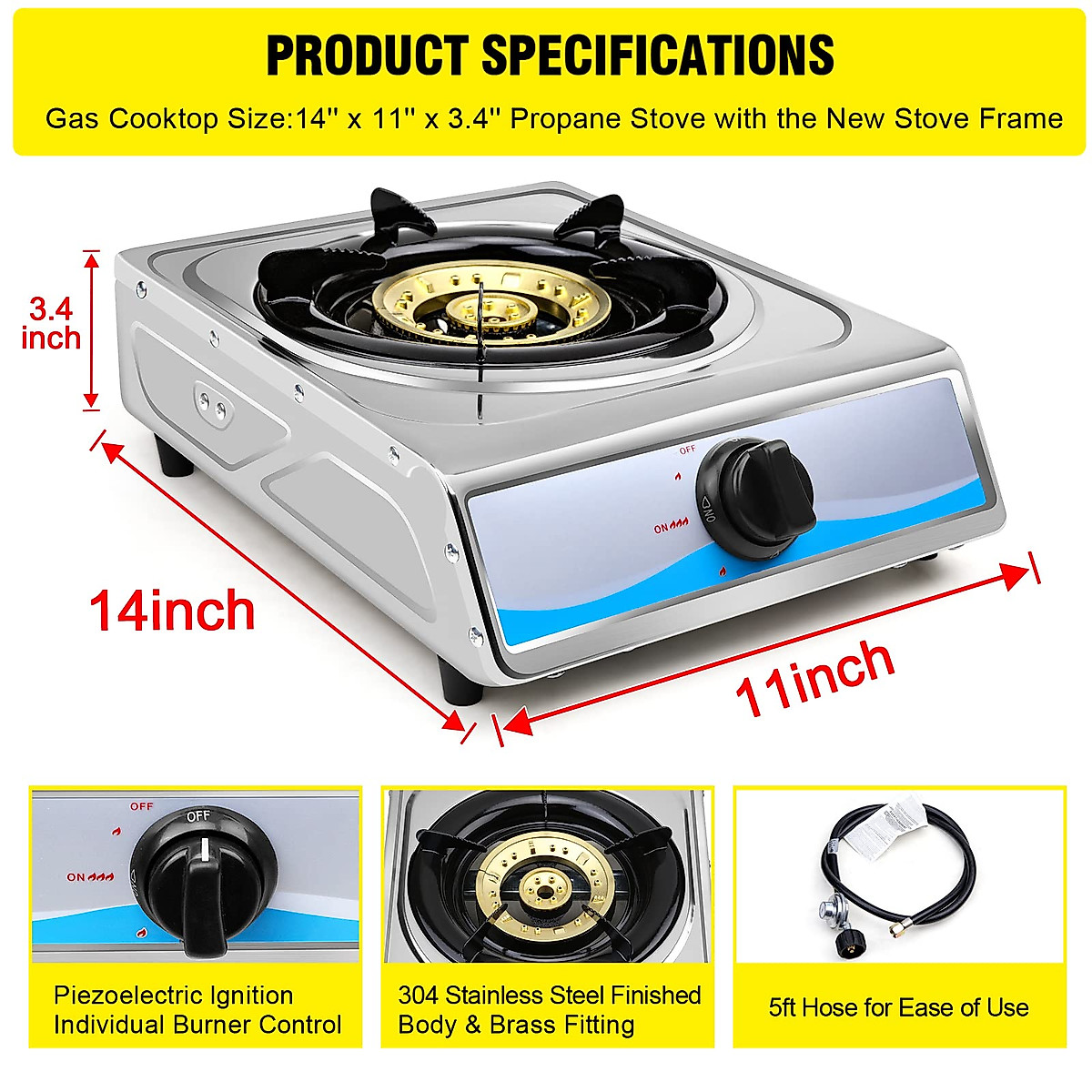 Propane Gas Cooktop，Single Burner Gas Stove Stainless Steel Portable Gas Stove，Auto Ignition Camping Single Burner LPGfor RV, Apartments, Outdoor