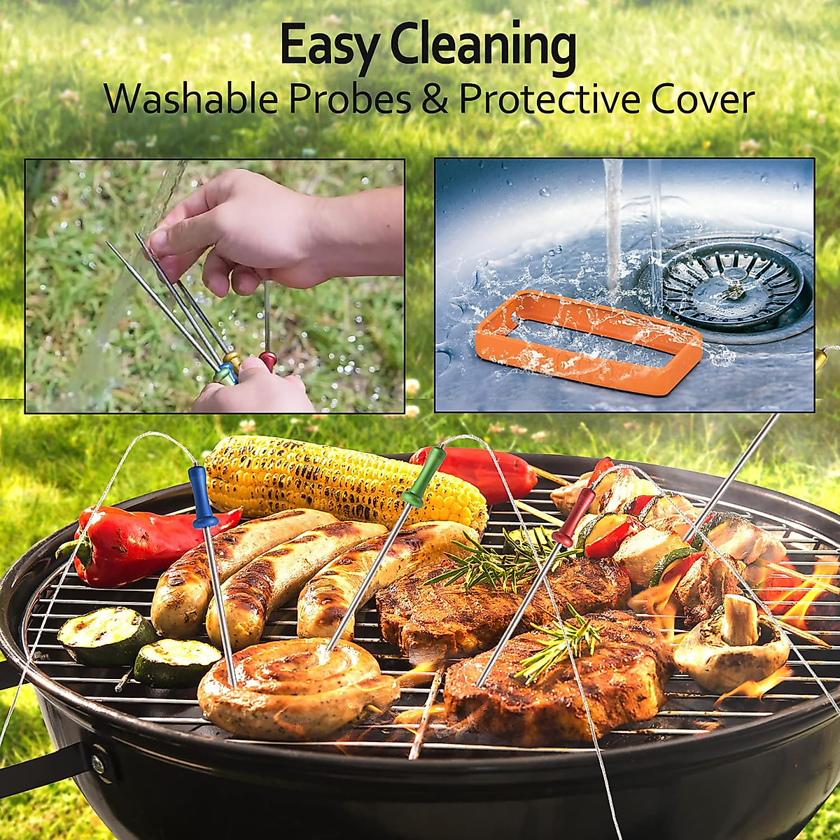 500FT Wireless Meat Thermometer with 4 Probes for Grilling, Digital Meat Thermometer, Instant Read Food Thermometer, Cooking Thermometer for Smoker, Oven, BBQ Accessories, Red