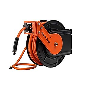 Giraffe Tools TA15B Retractable Air Hose Reel Wall Mount 3/8" x 50 ft Hybrid Hose, Air Compressor Heavy Duty Steel Reel Auto Rewind 300PSI, 50ft, Tangelo