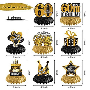 60th Birthday Decoration Honeycomb Centerpieces for Women Men, 8 Pcs Black Gold Cheers to 60 Years Table Centerpiece Toppers, 60 Birthday Party Creative Table Sign Décor, Easy Set Up, Vicycaty