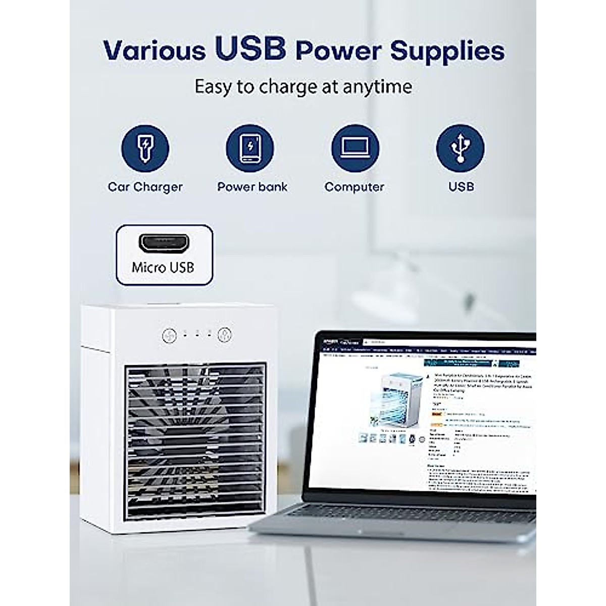 Mini Portable Air Conditioners, 3 IN 1 Evaporative Air Cooler, 2000mAh Battery Powered & USB Rechargeable, 3 Speeds Humidify Air Cooler, Small Air Conditioner Portable for Room Car Office Camping