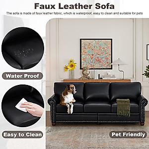 JEEOHEY Faux Leather Sofa Couch,82" Mid Century Modern Couch with Storage Place,Oversized 3 Seater Sofa with Nailhead Trim&Rolled Arm,Deep Seat Comfy Couch for Living Room,Apartment,Office(Black)