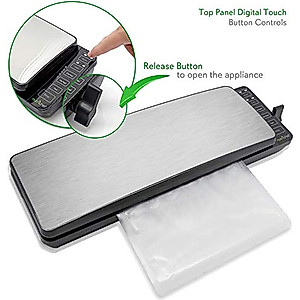 Automatic Food Vacuum Sealer System - 110W Sealed Meat Packing Sealing Preservation Sous Vide Machine w/ 2 Seal Modes, Saver Vac Roll Bags, Vacuum Air Hose - NutriChef PKVS35STS (Stainless Steel)