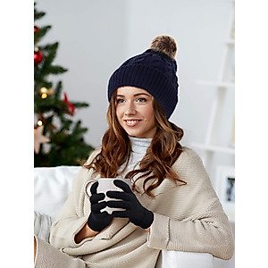 Women's Winter Knitted Beanie Hat with Faux Fur Pom Slouchy Hat and Full Finger Knitted Gloves (Navy Blue Hat)