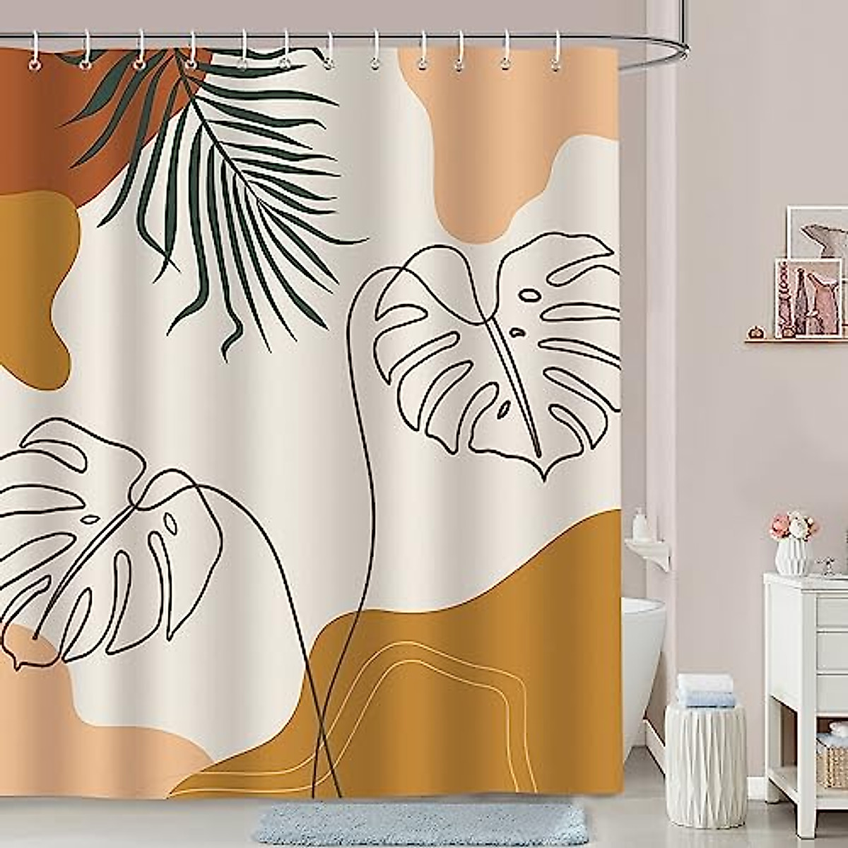 Bonhause Abstract Boho Leaf Shower Curtain Mid Century Modern Minimalist Art Decorative Bath Curtain 72 x 72 Inch Polyester Fabric Waterproof Bathroom Curtain with 12 Hooks