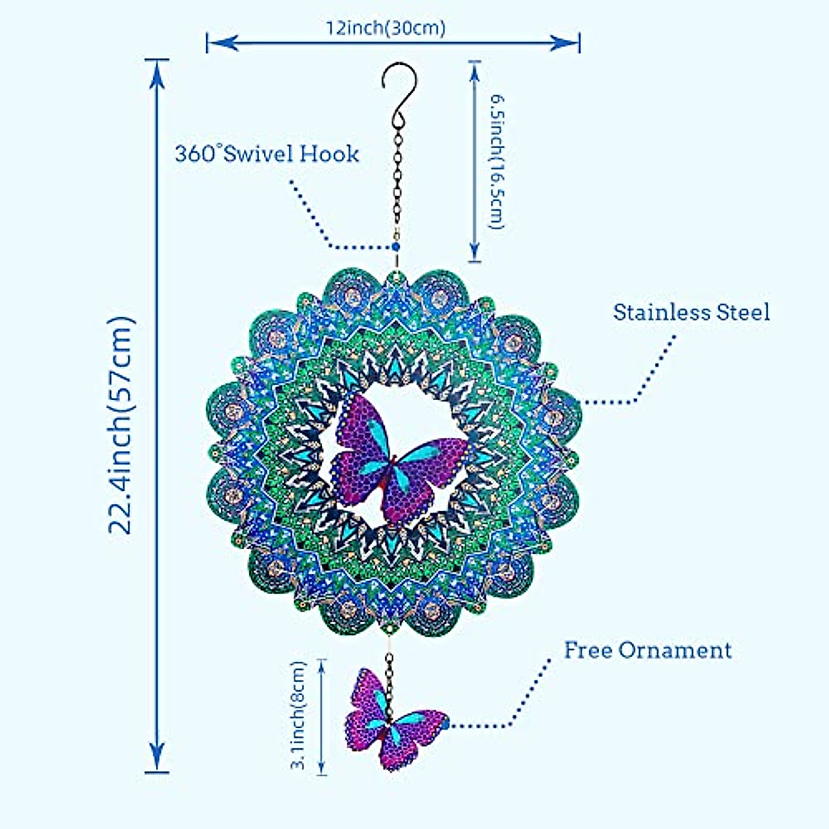 DREAMYSOUL Outdoor Wind Spinner Metal, 12 Inches Butterfly Hanging Wind Spinners 3D Garden Wind Sculpture for Outdoor Garden Patio Decoration